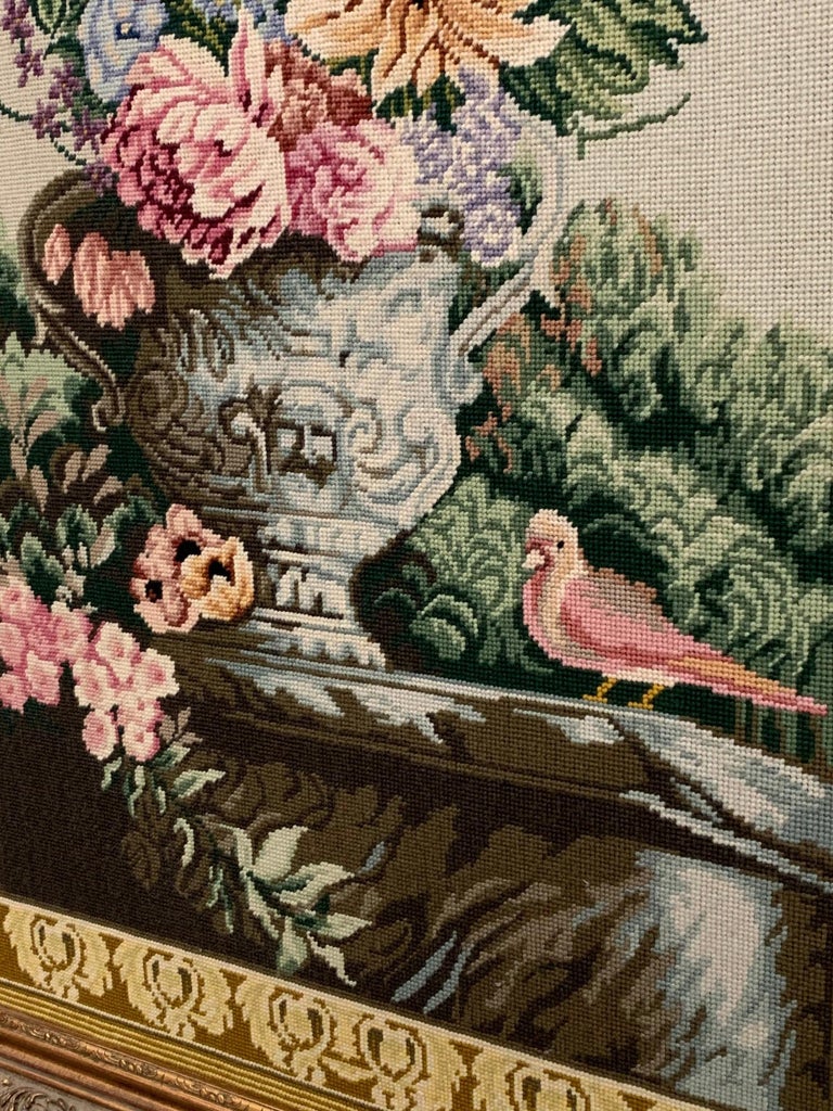 Neoclassical Large Floral Needlepoint Framed Art For Sale at 1stDibs