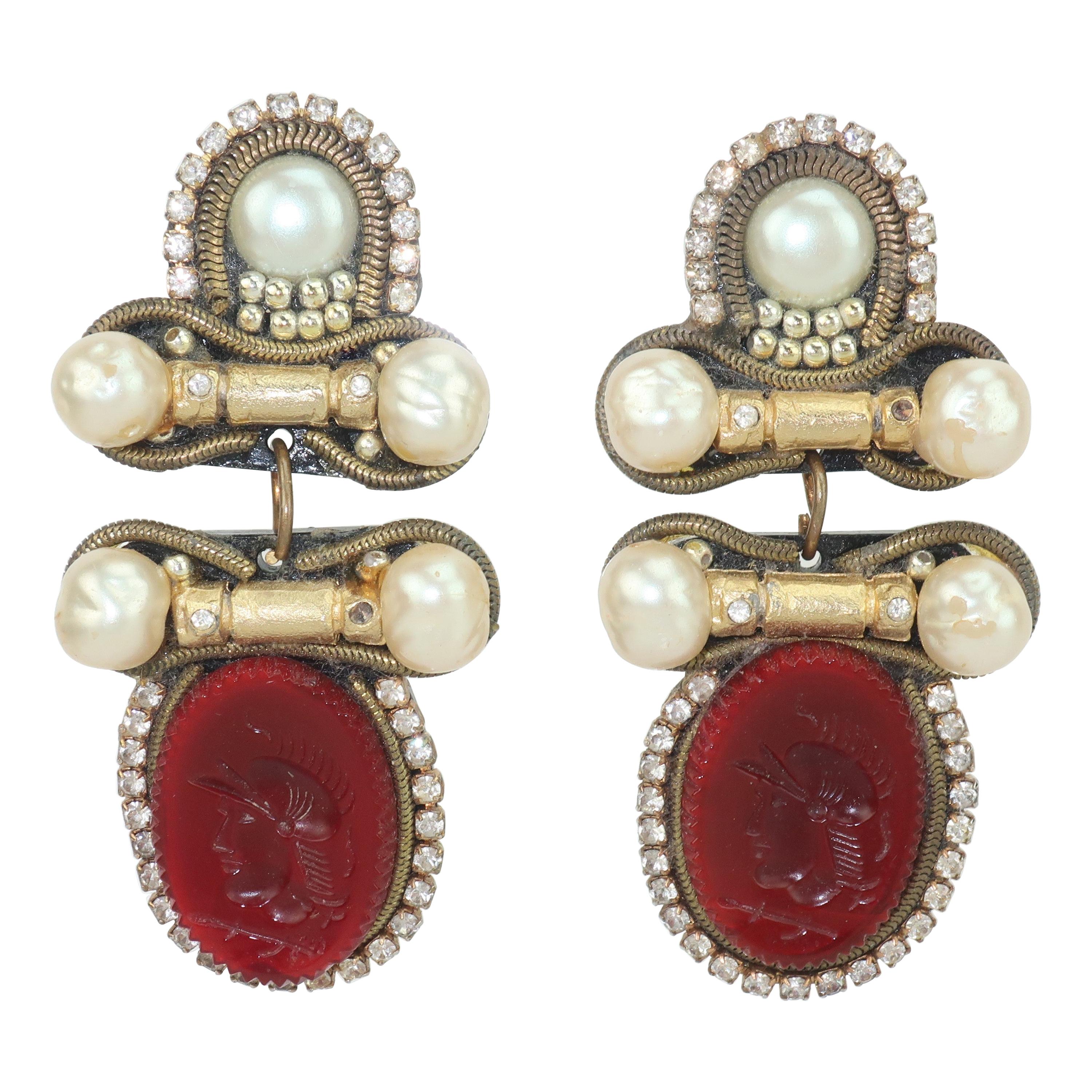 Vintage Pink Scarab, Faux Pearl, Amethyst Stone Earrings at 1stDibs