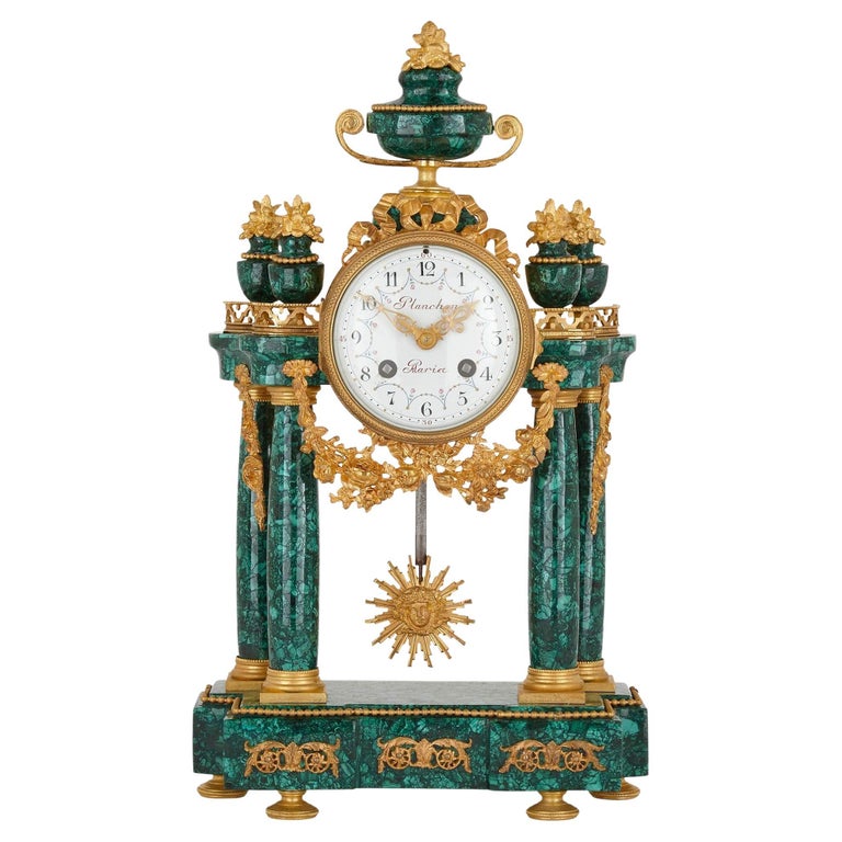 Neoclassical Style Gilt Bronze and Malachite Mantel Clock at 1stDibs