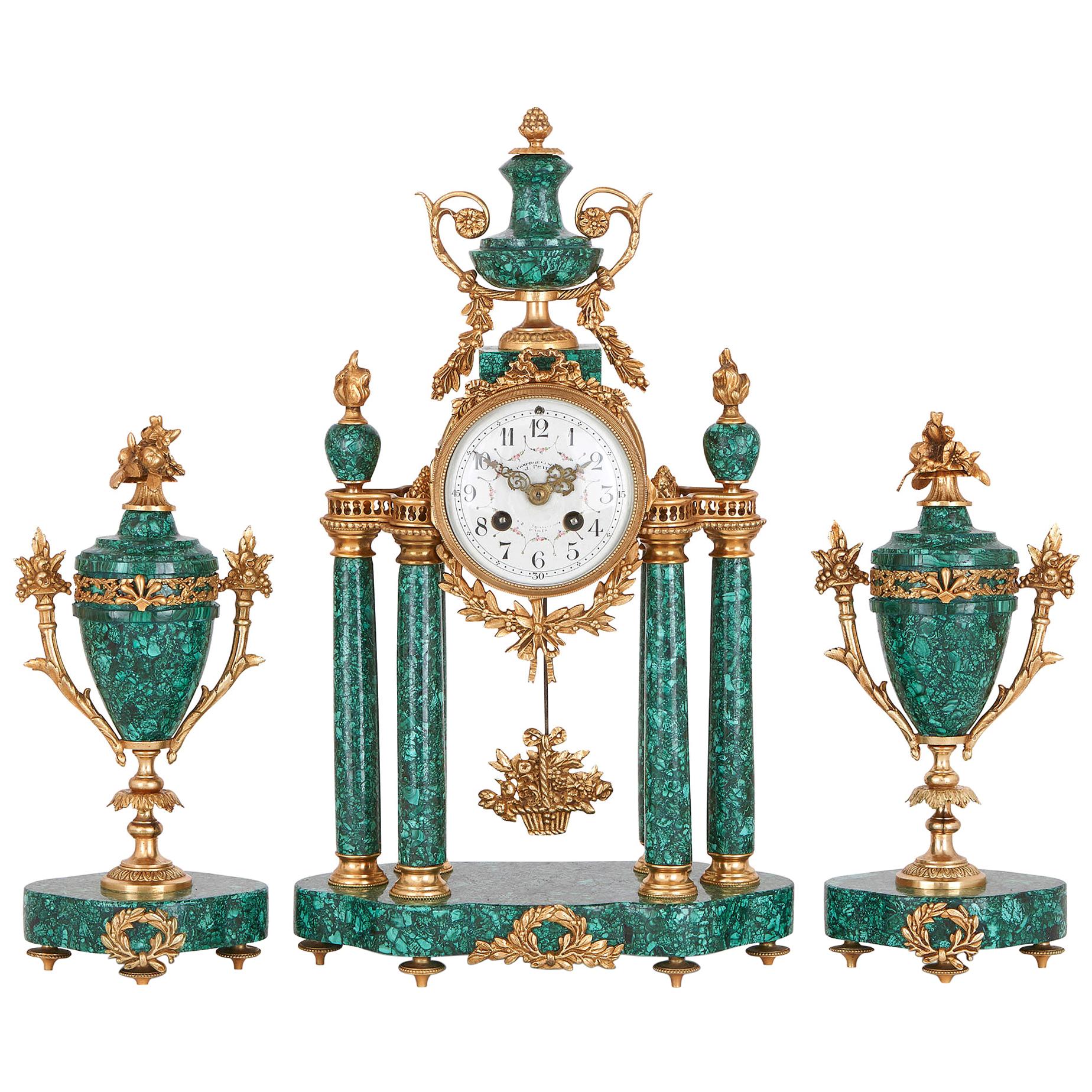 Neoclassical Style Gilt Bronze Mounted Malachite Clock Set at 1stDibs