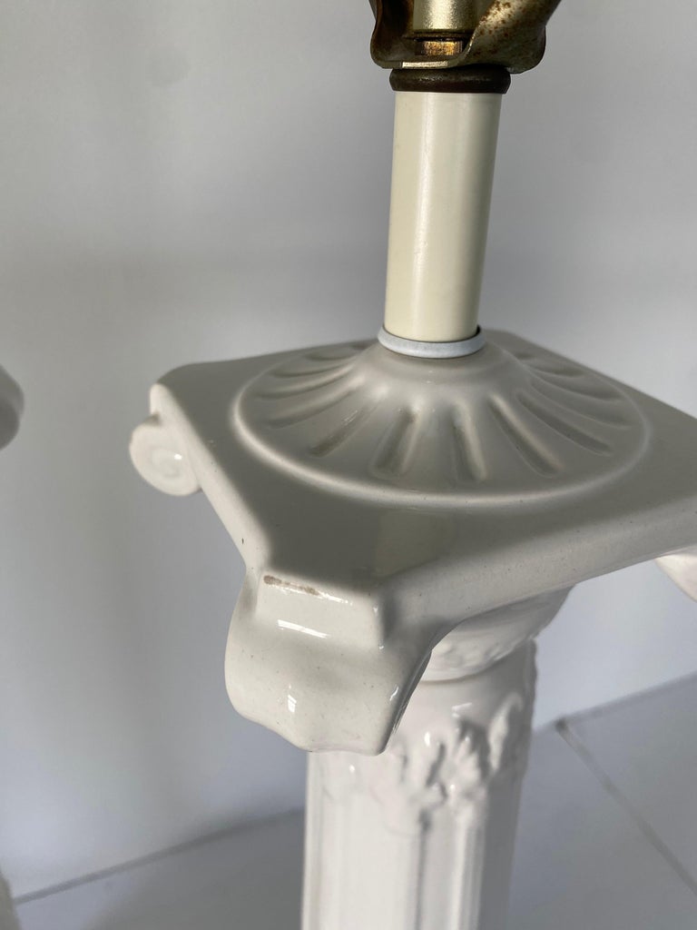 Neoclassical Style White Ceramic and Marble Fluted Column Table Lamps ...