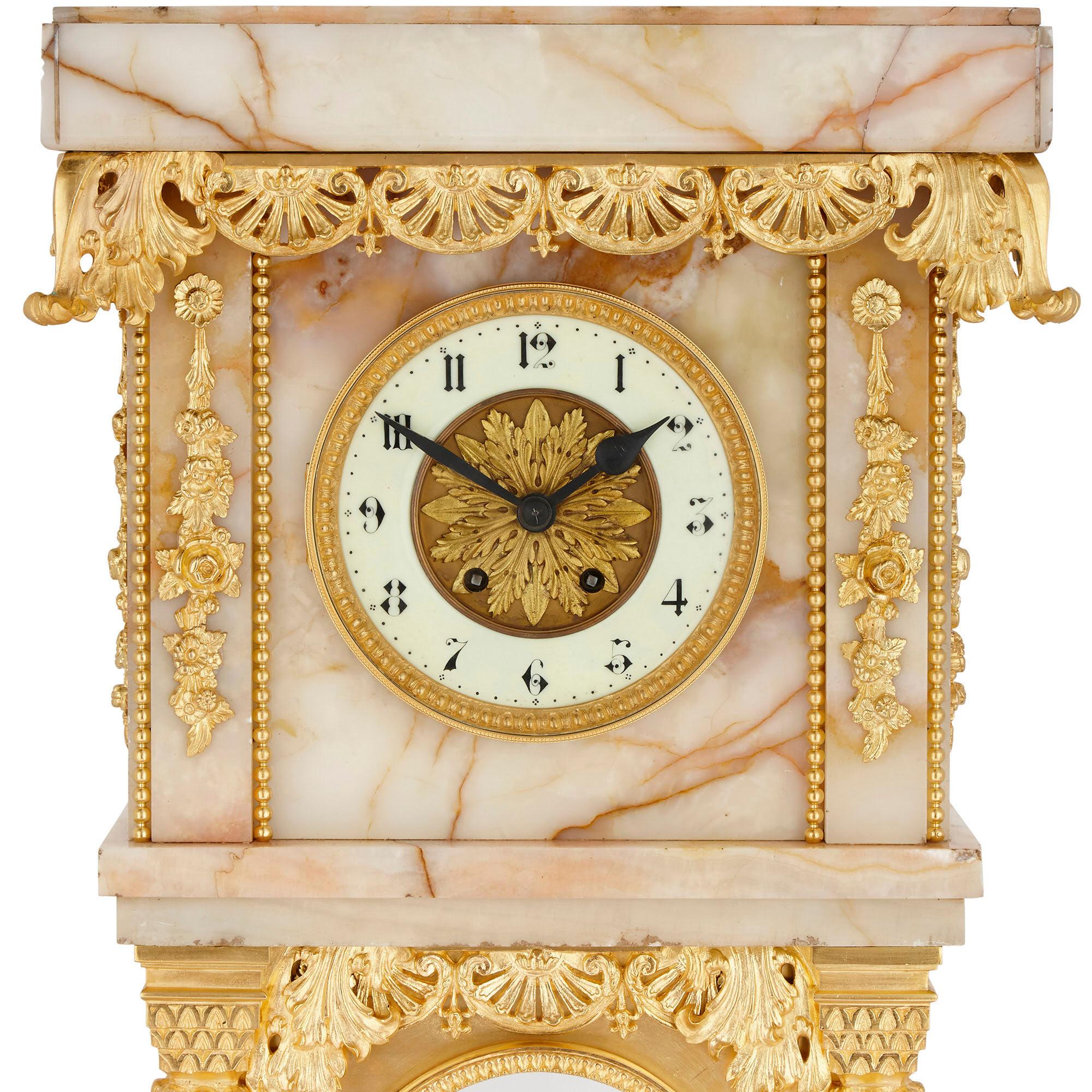 Neoclassical Style White Onyx and Gilt Bronze Pedestal Clock and ...
