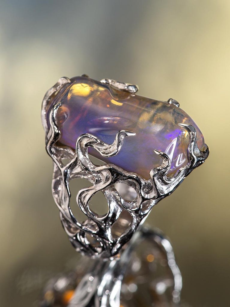 Neon Australian Opal Engagement Ring Medusa Gorgon Iridescent Blue ...