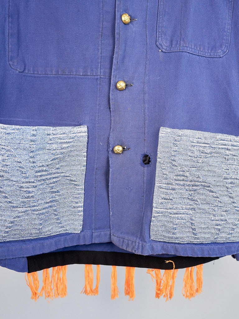 Neon Fringes Back Blue Distressed Jacket French Work Wear Glitter ...