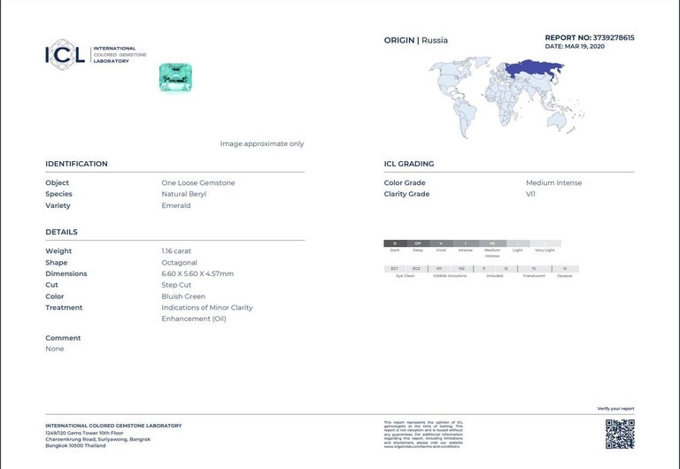 Neon Green Emerald Cut Emerald from Russia 1.16 Carat ICL Certified For Sale at 1stDibs