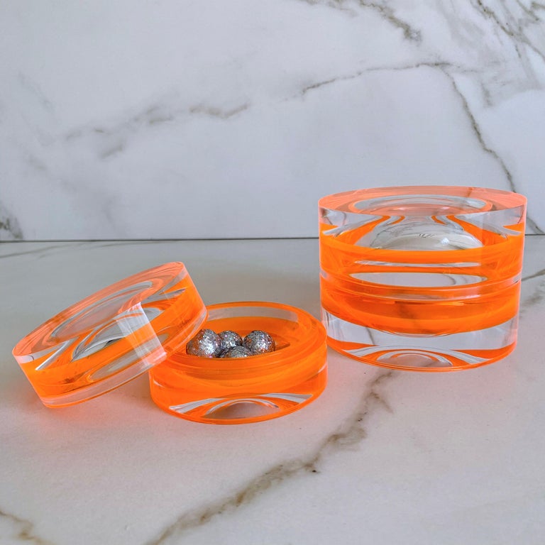 Neon Orange Acrylic Large Round Box by Paola Valle For Sale at 1stDibs