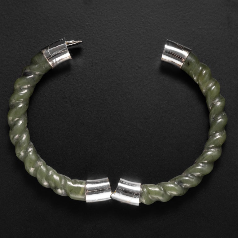 Nephrite Jade Bangle Twisted Rope Motif Mid-Century For Sale at 1stDibs