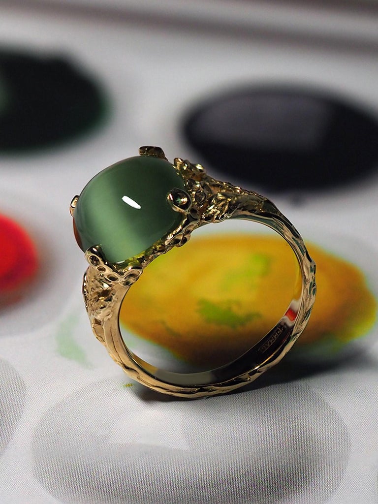 Nephrite Jade Gold Ring Green Cats Eye Effect Chatoyancy Engagement ...