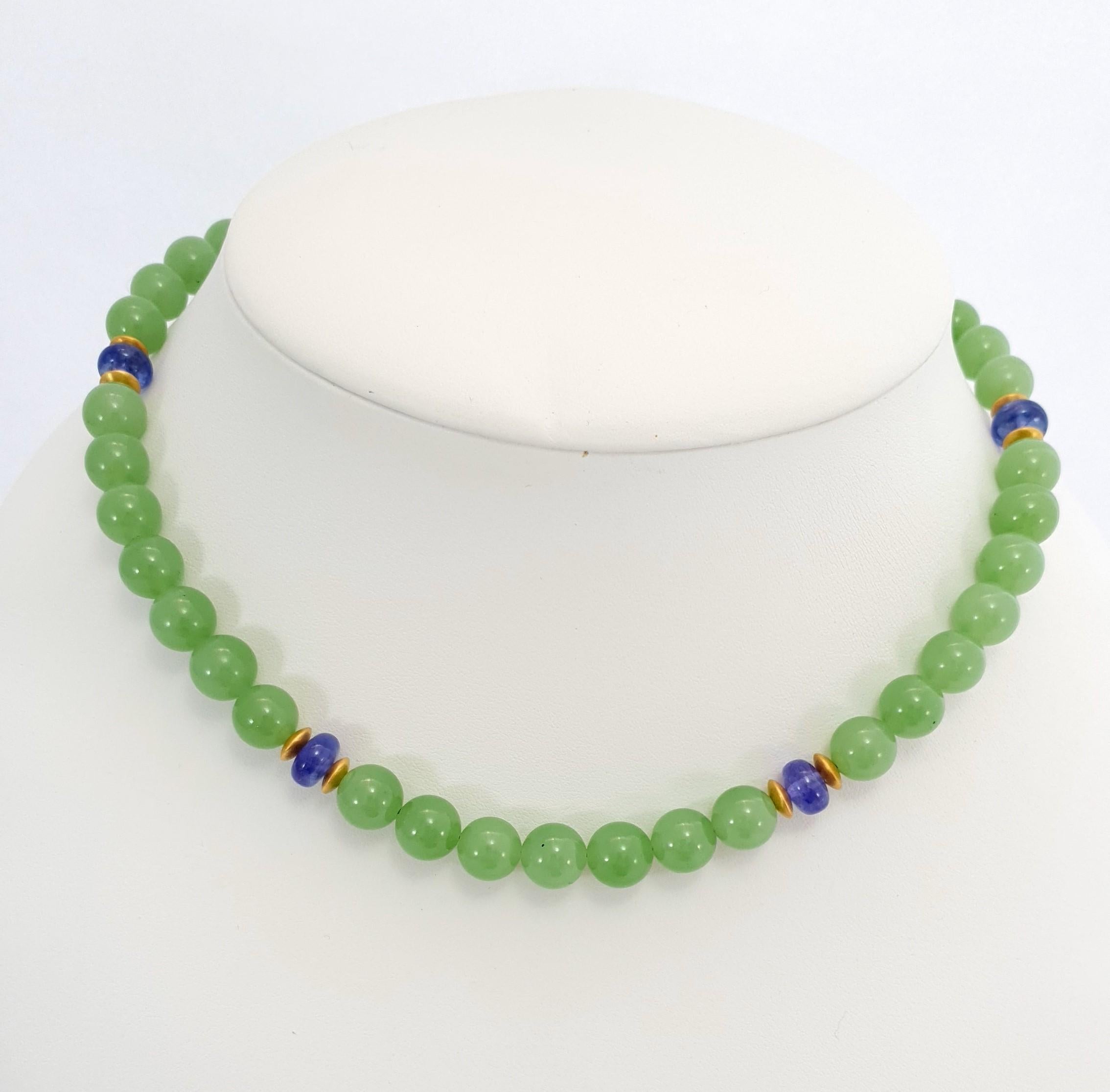 Nephrite Jade Round Beaded Necklace with 18 Carat Yellow Gold and ...