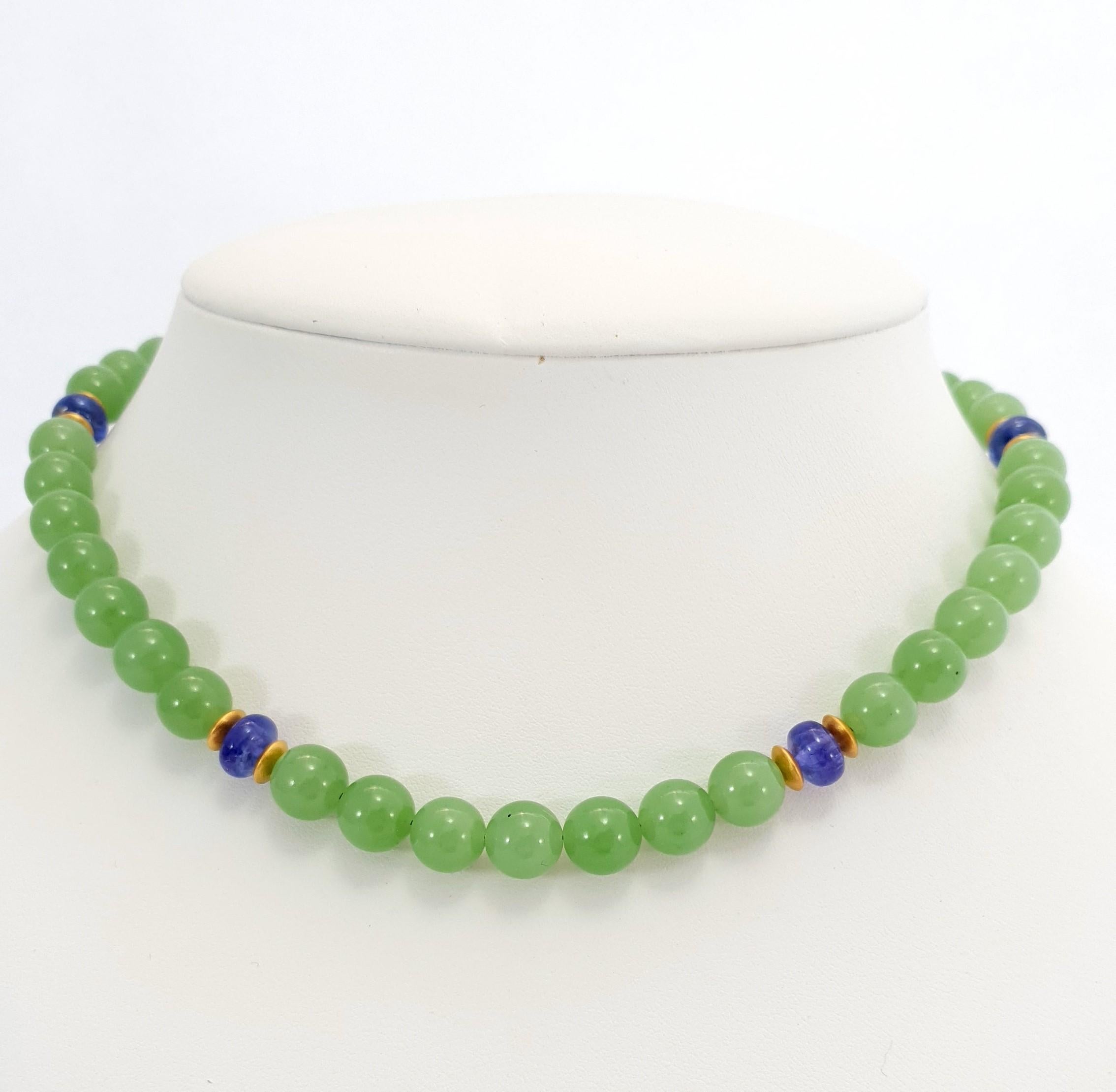 Nephrite Jade Round Beaded Necklace with 18 Carat Yellow Gold and ...