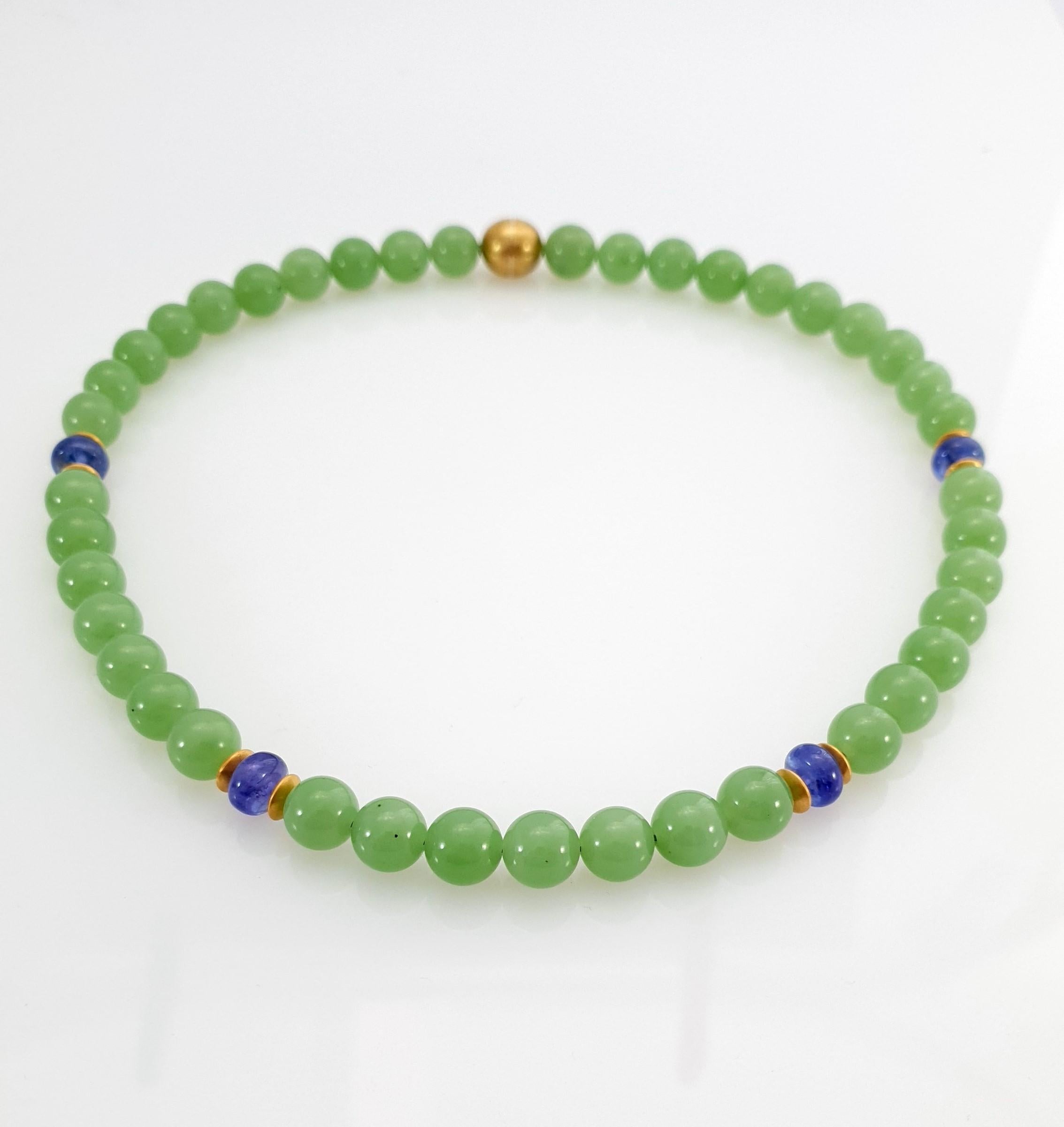 Nephrite Jade Round Beaded Necklace with 18 Carat Yellow Gold and ...