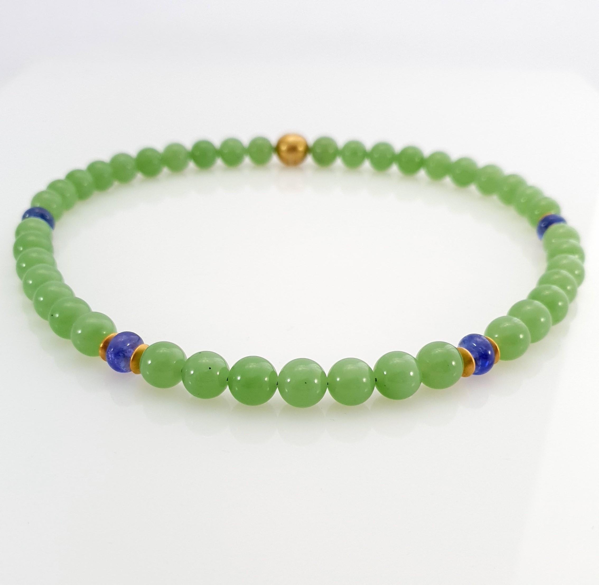 Nephrite Jade Round Beaded Necklace with 18 Carat Yellow Gold and ...