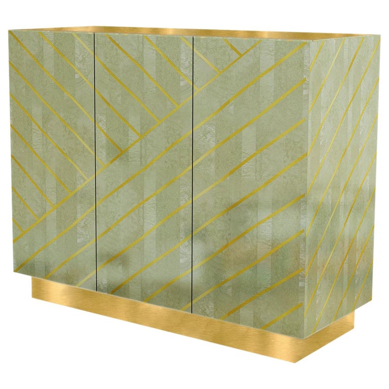 Nesso Mint Green Small Sideboard with Brass Inlay by Matteo Cibic For ...