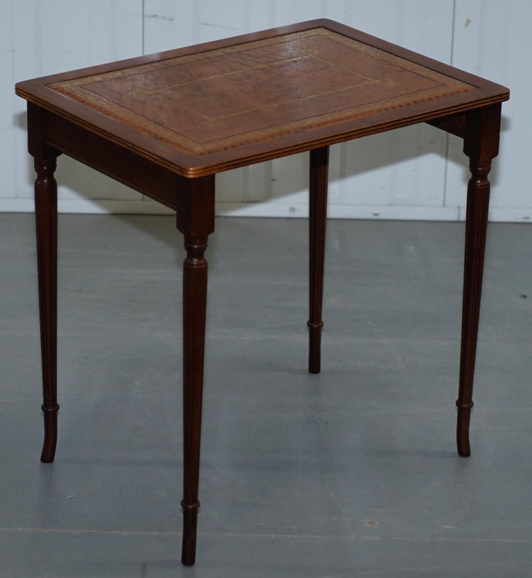 Nest of Three Mahogany with Brown Leather Top and Gold Leaf Embossed ...