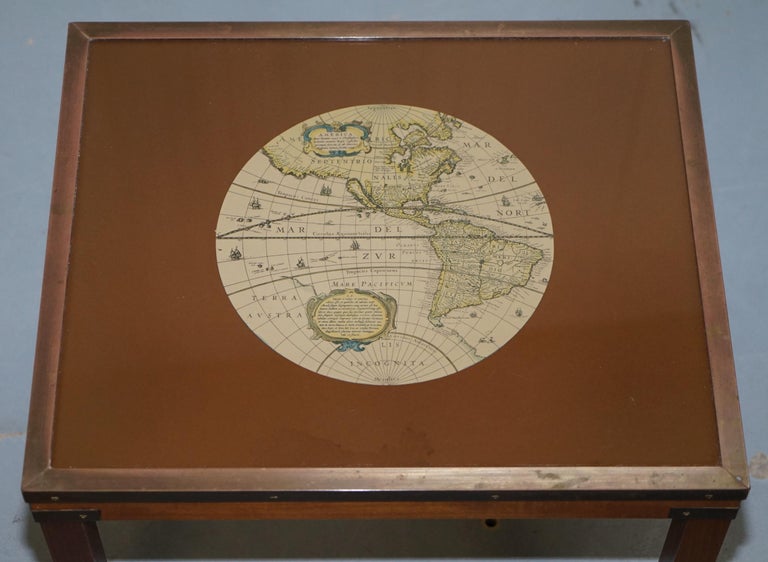 Nest of Three Vintage Campaign Tables with Global Maps Design Brass ...