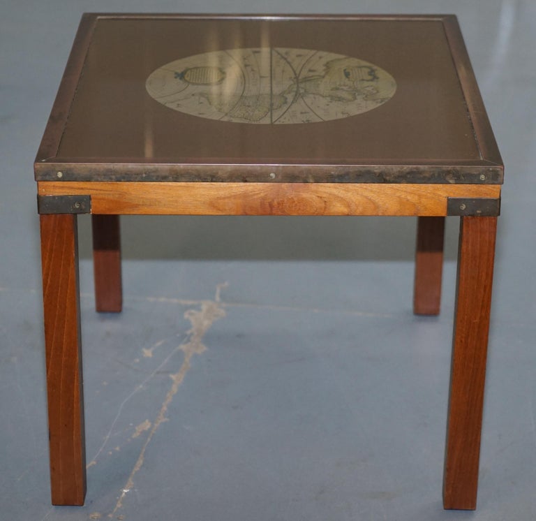 Nest of Three Vintage Campaign Tables with Global Maps Design Brass ...