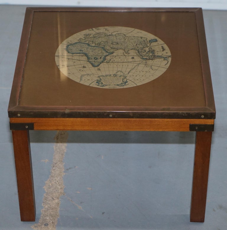 Nest of Three Vintage Campaign Tables with Global Maps Design Brass ...