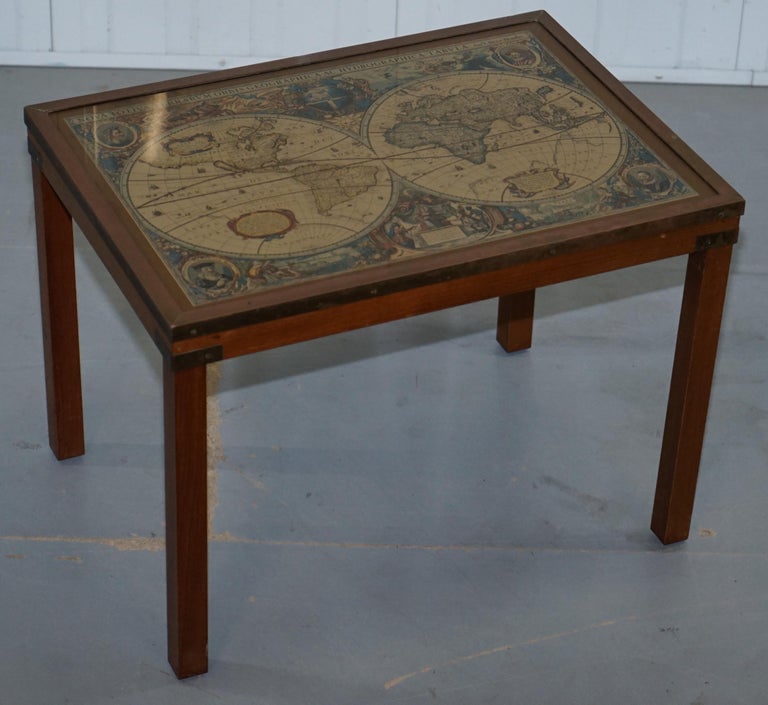 Nest of Three Vintage Campaign Tables with Global Maps Design Brass ...