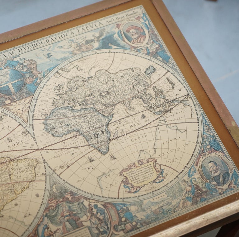 Nest of Three Vintage Campaign Tables with Global Maps Design Brass ...