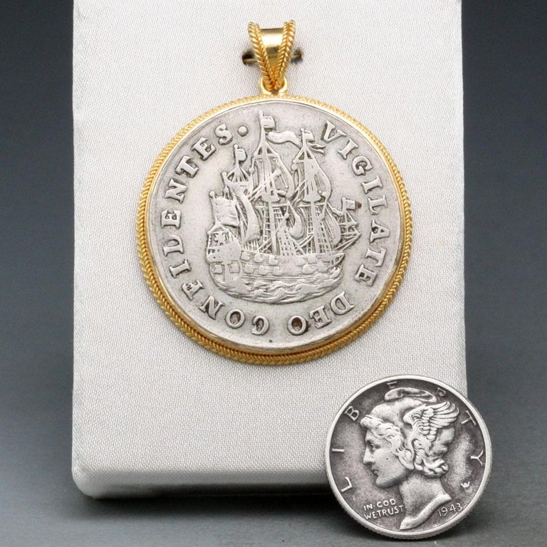 Netherlands 1736 Sailing Ship Coin 18K Gold Pendant For Sale at 1stDibs