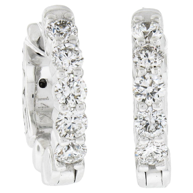 New 14k White Gold 0.51ctw Round Diamond Huggie Push Clasp Hoop ...