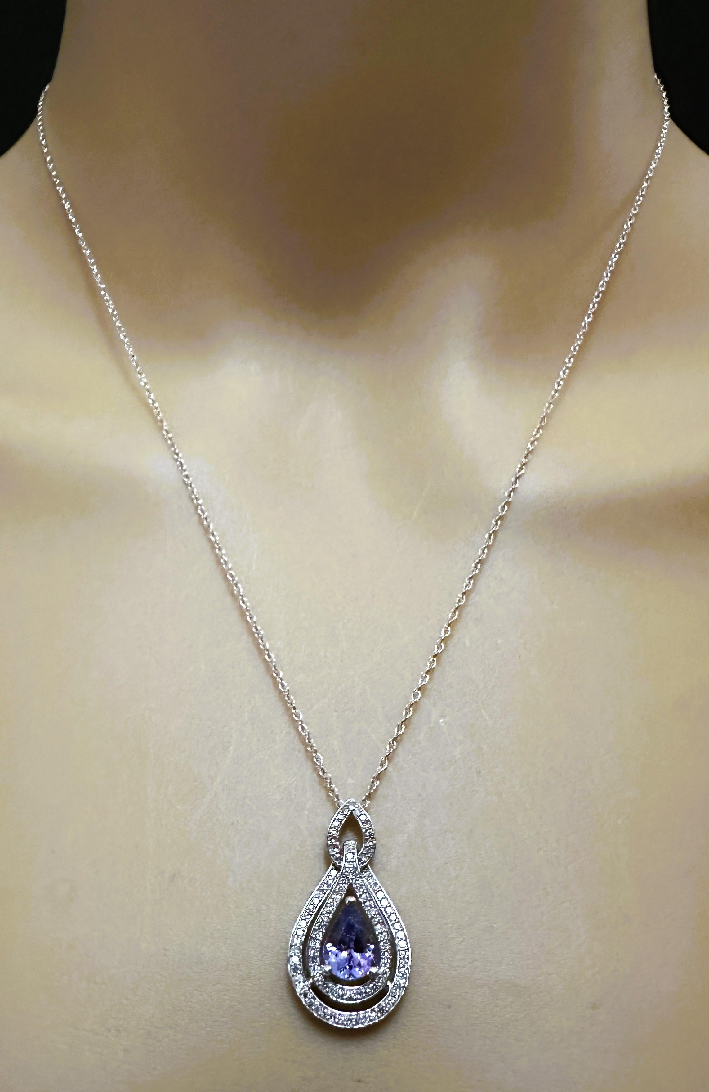 New 14K White Gold Teardrop Cut Tanzanite and .25 ct Diamond Pendant ...