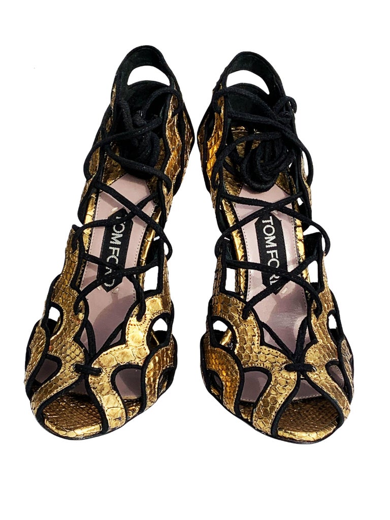 New $1790 Tom Ford Gold Metallic Python Lace-Up Cut-Out Shoes Sandals ...