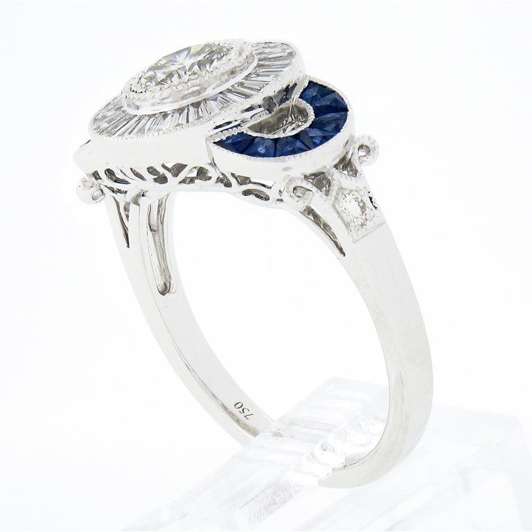 New 18k Gold 1.66ct GIA Round Diamond Baguette Halo Sapphire Bezel ...