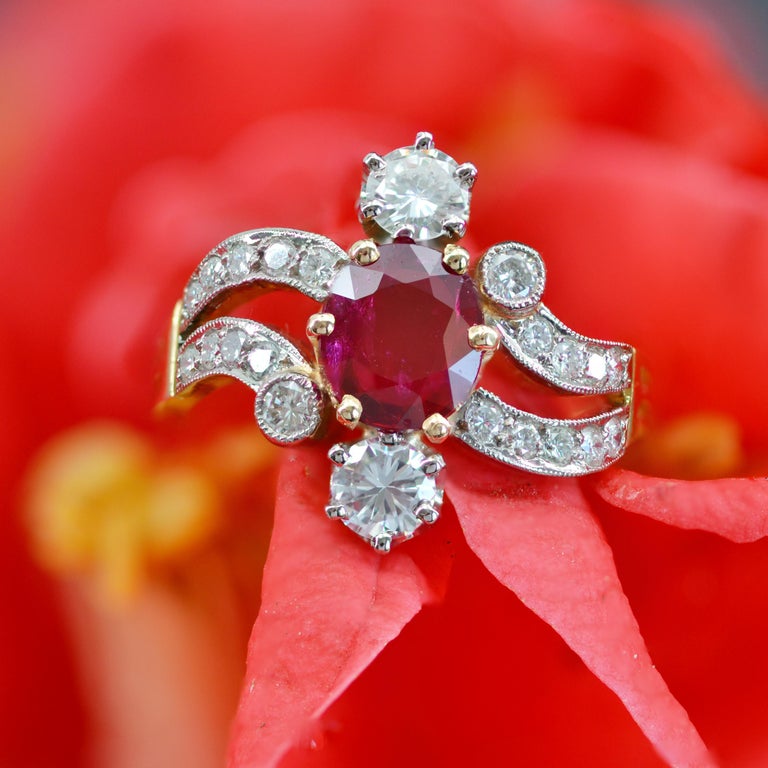 New 1900s Style Ruby Diamonds 18 Karat Yellow Gold Platinum Ring For ...