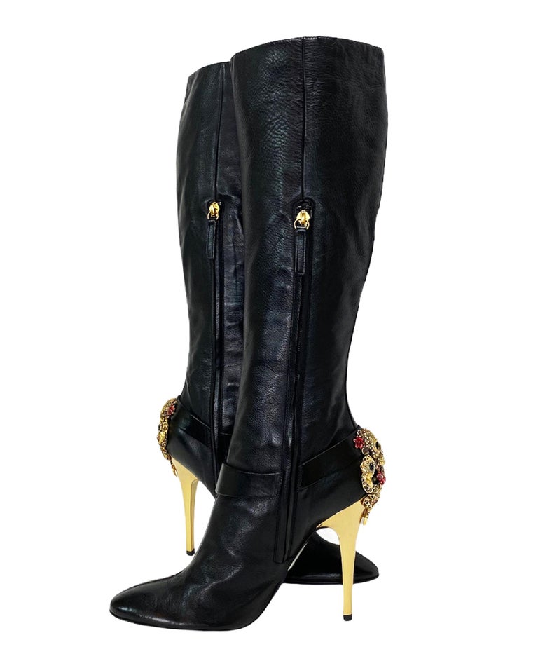 New $2.470 Roberto Cavalli Black Leather Swarovski Iconic Scull Boots ...