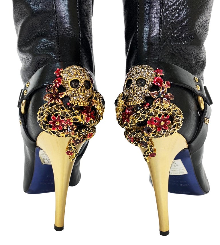 New $2.470 Roberto Cavalli Black Leather Swarovski Iconic Scull Boots ...