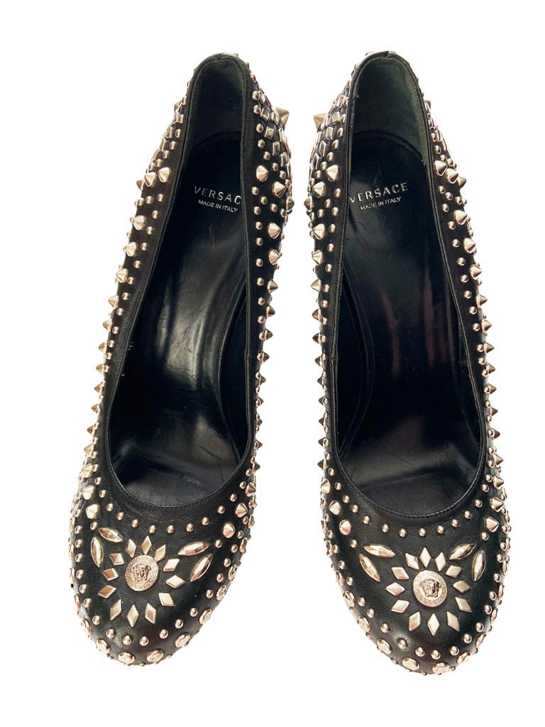 New $2650 Versace Triple Platform Silver Black Leather Studded Shoes ...