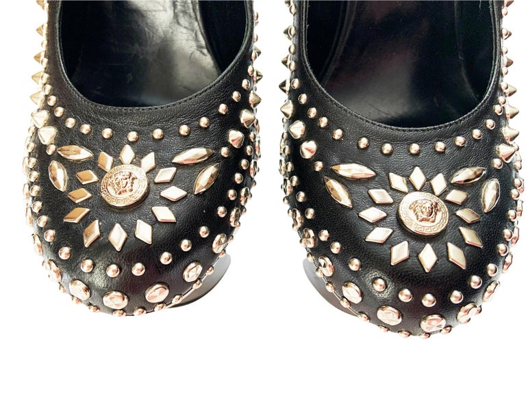 New $2650 Versace Triple Platform Silver Black Leather Studded Shoes ...