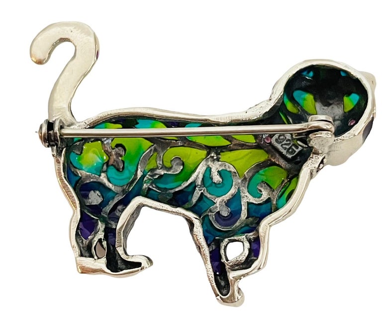 New 925 Sterling Silver Marcasite Ruby and Green Enamel Cat Brooch at ...