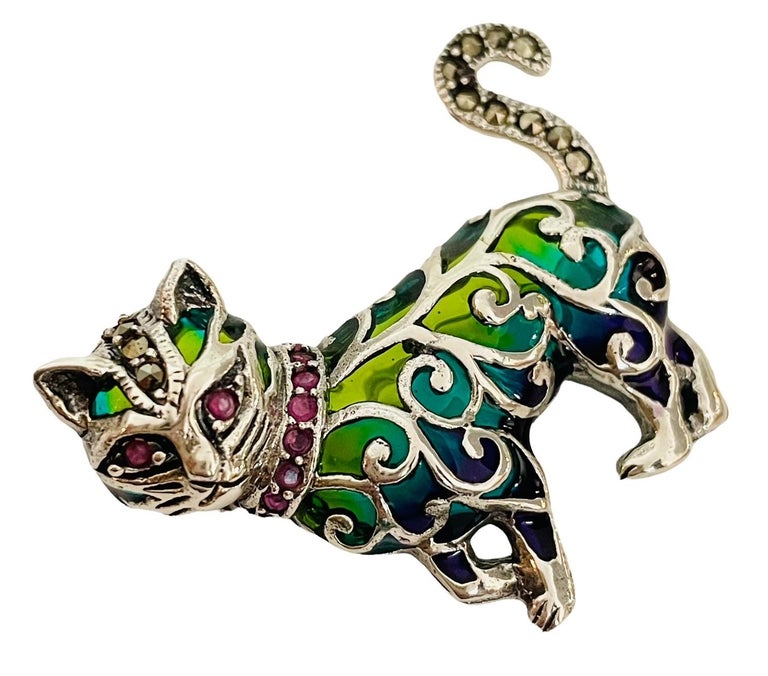 New 925 Sterling Silver Marcasite Ruby and Green Enamel Cat Brooch at ...