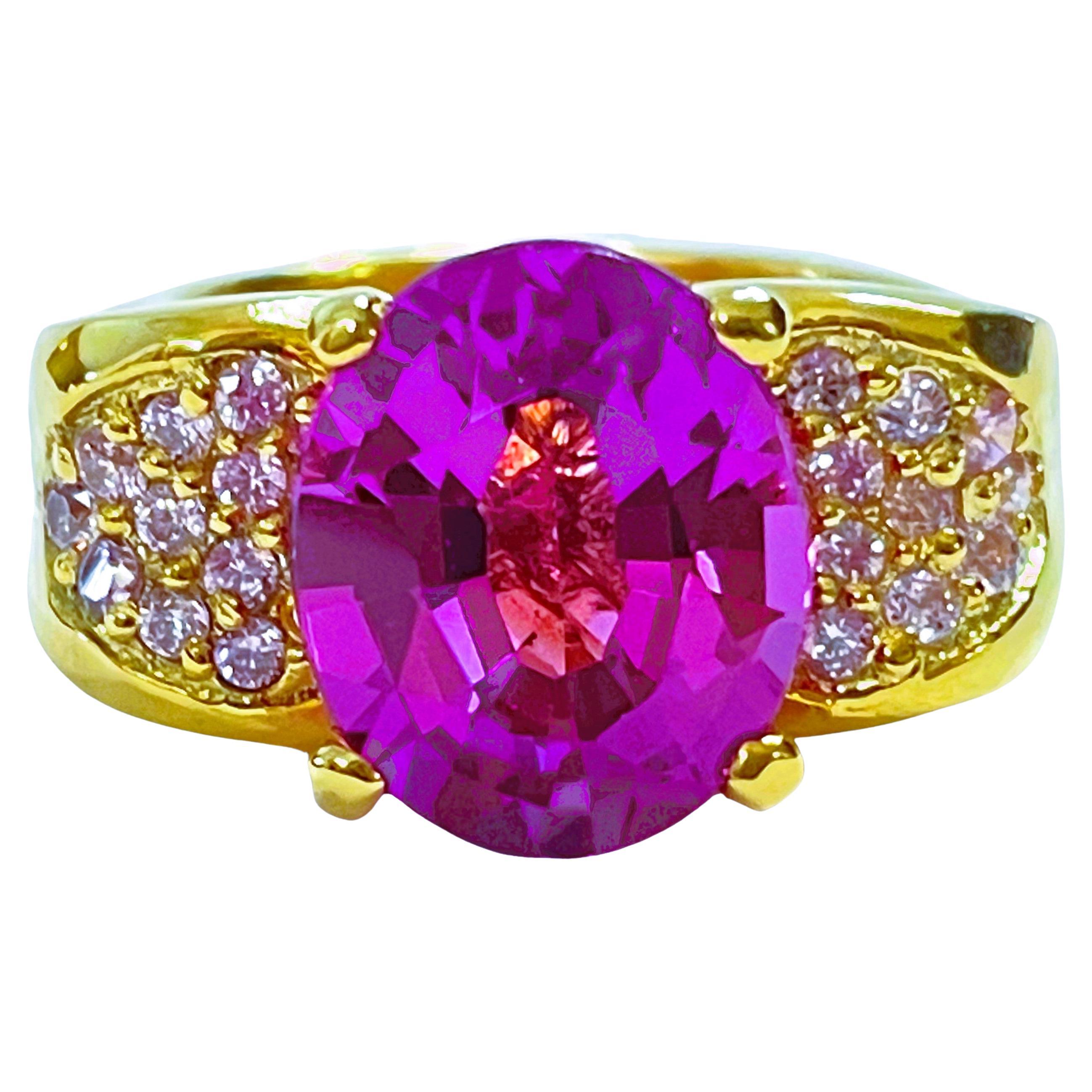 Vintage Vivid Red Oval Cut Ruby and Marquise Diamond Ring in Yellow ...