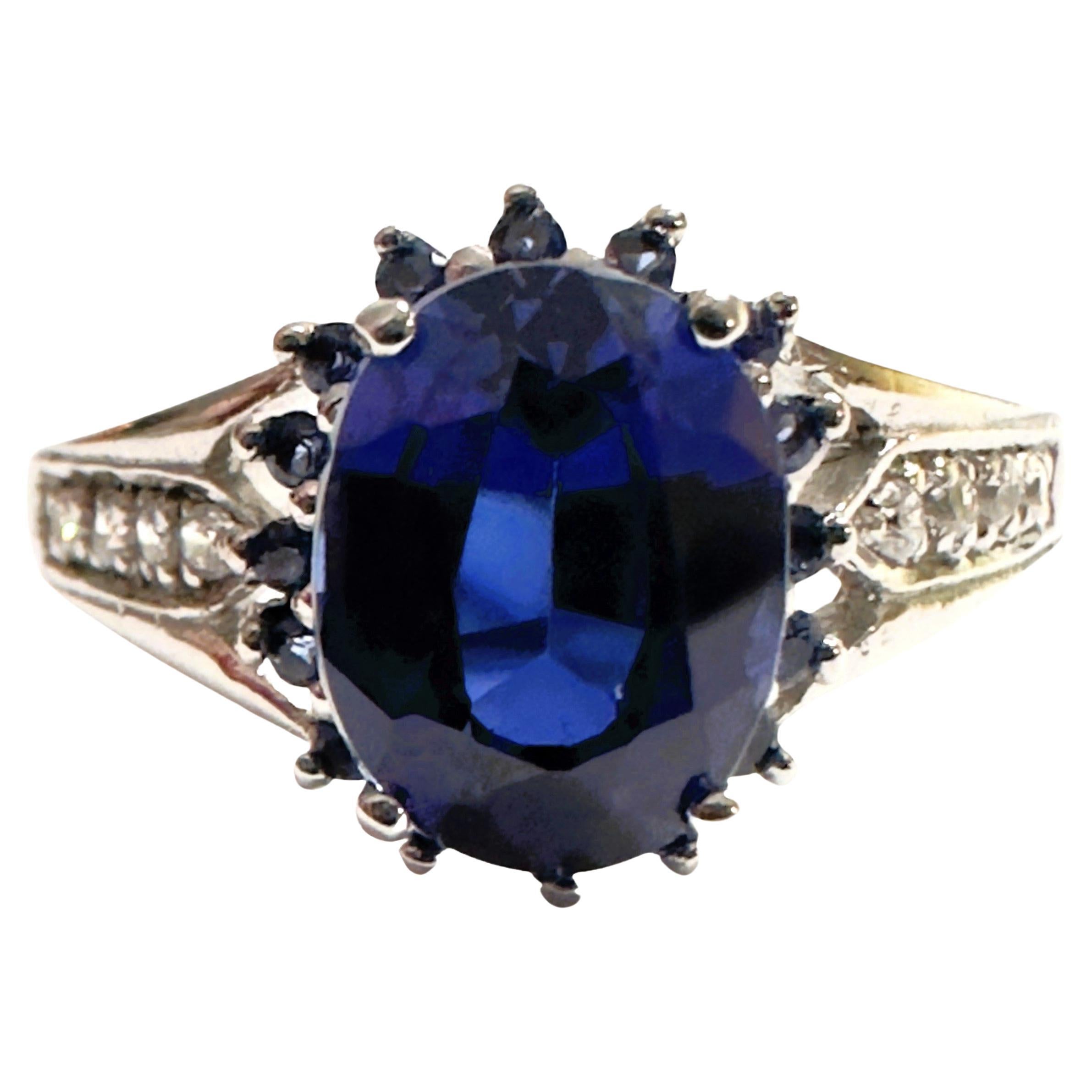 New African IF 12 Ct Deep Blue Sapphire and White Sapphire Sterling Ring Size 6.25 at 1stDibs