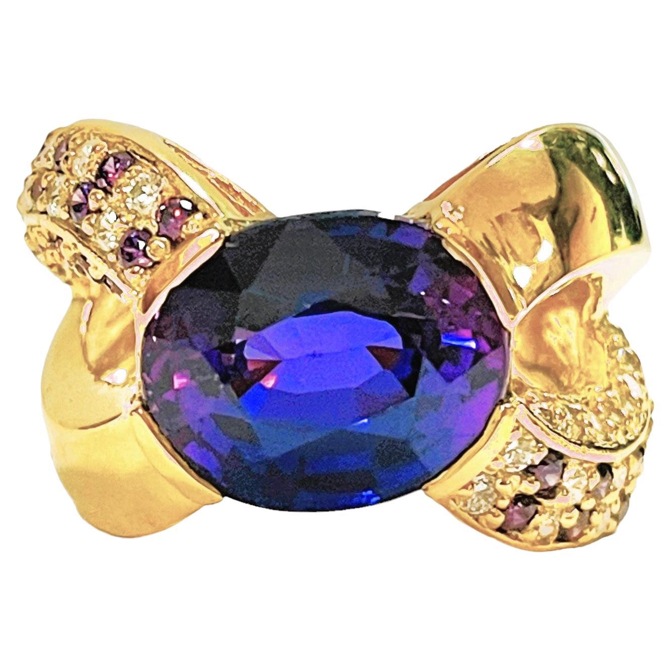 New African Purple Blue 6.10 Ct Yellow Gold Plated Sterling Ring at 1stDibs