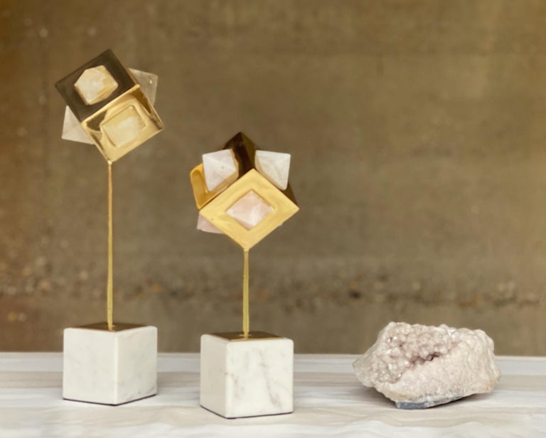 Pair of Geometric Faceted Natural Rock Crystal and Brass Sculptures For ...