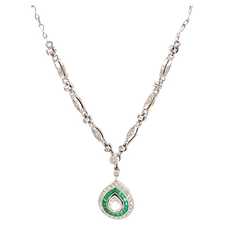 Art Deco Inspired Pear Shape Diamond Emerald Platinum Drop Necklace For ...