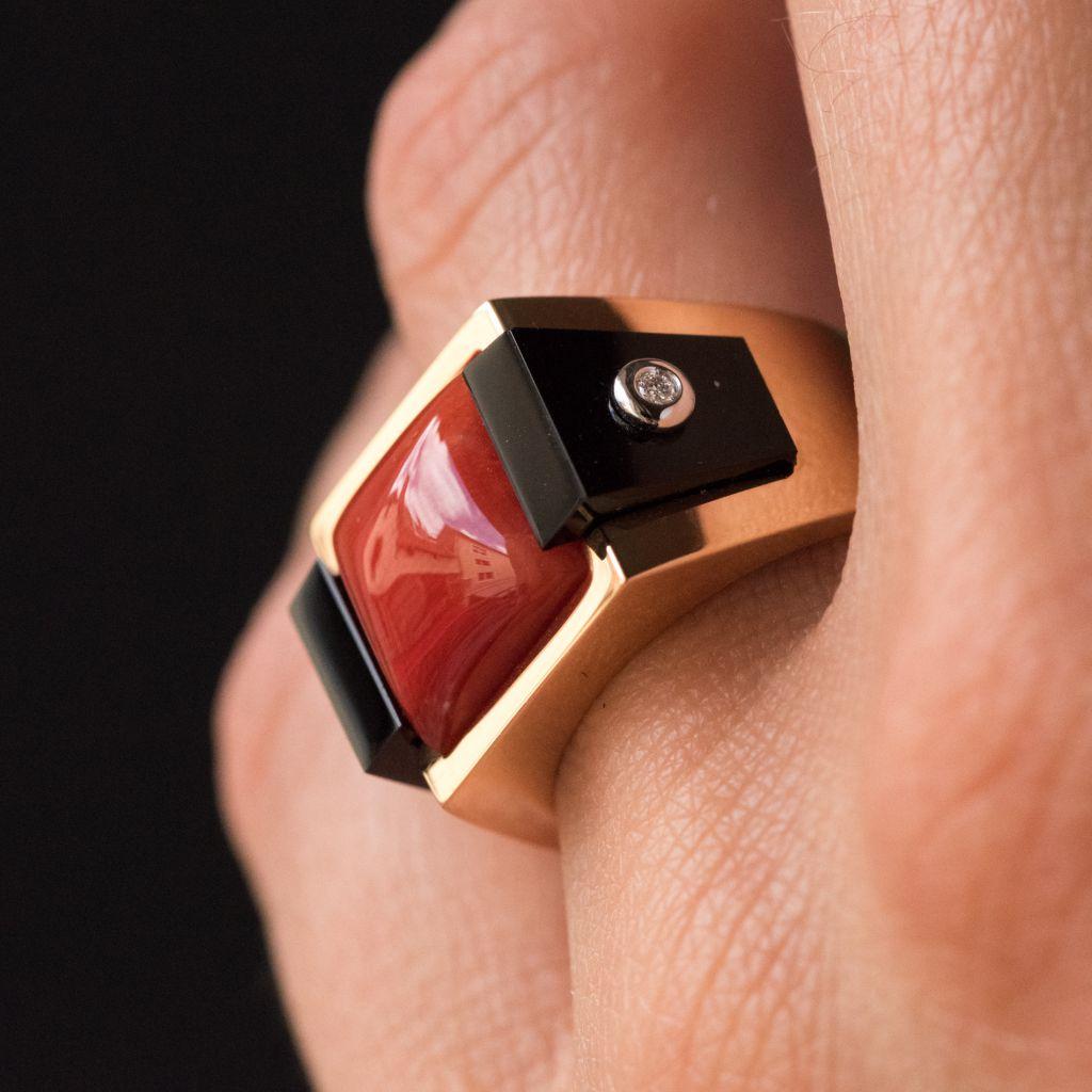 Art Deco Style Spirit Coral Sugar Loaf Onyx Diamond Signet Ring at ...
