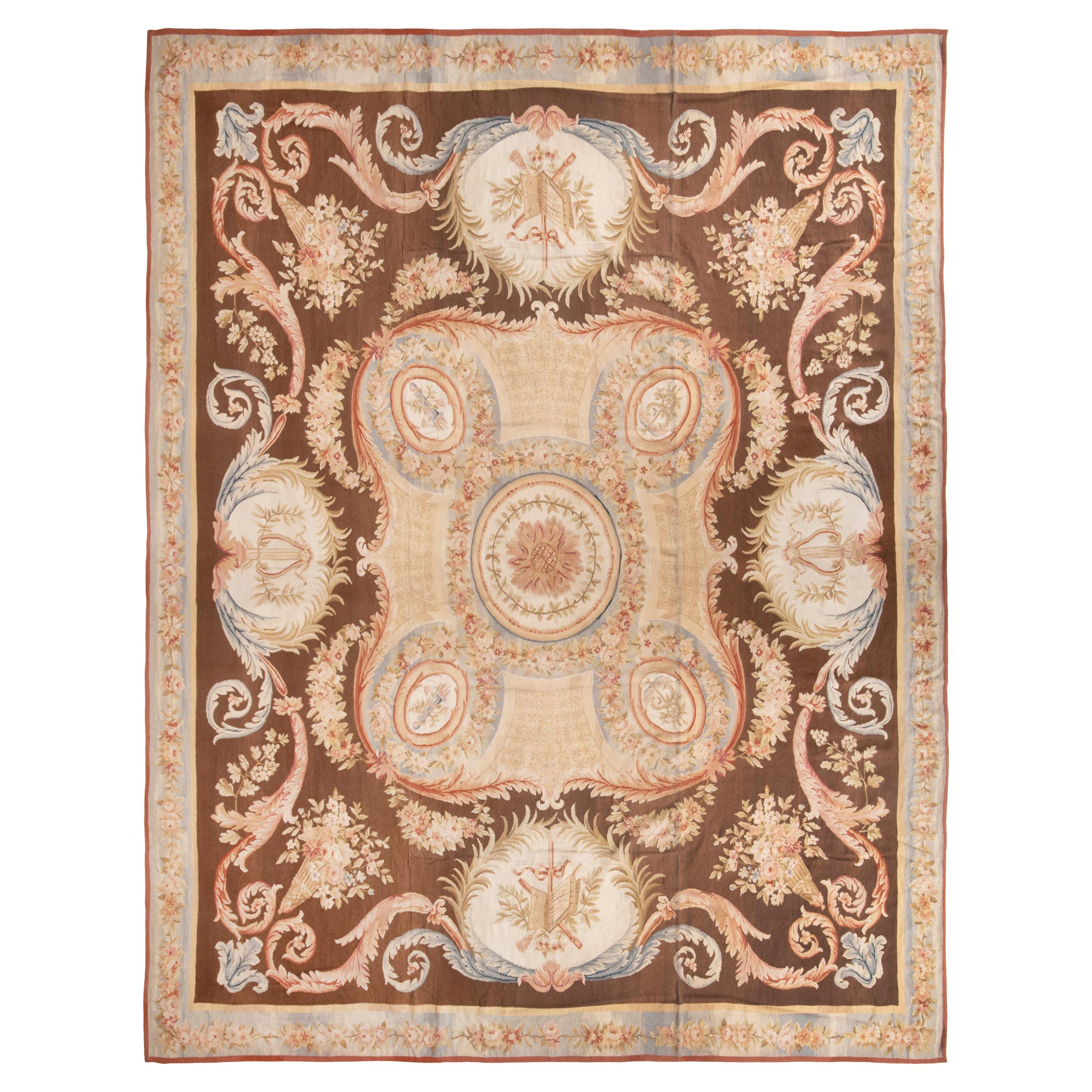 New Aubusson Pink and Brown Wool Rug with All-Over Floral Patterns For ...