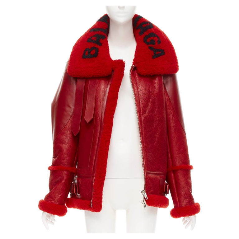 new BALENCIAGA Demna 2018 Le Bombardier red logo shearling leather jacket FR40 L at 1stDibs