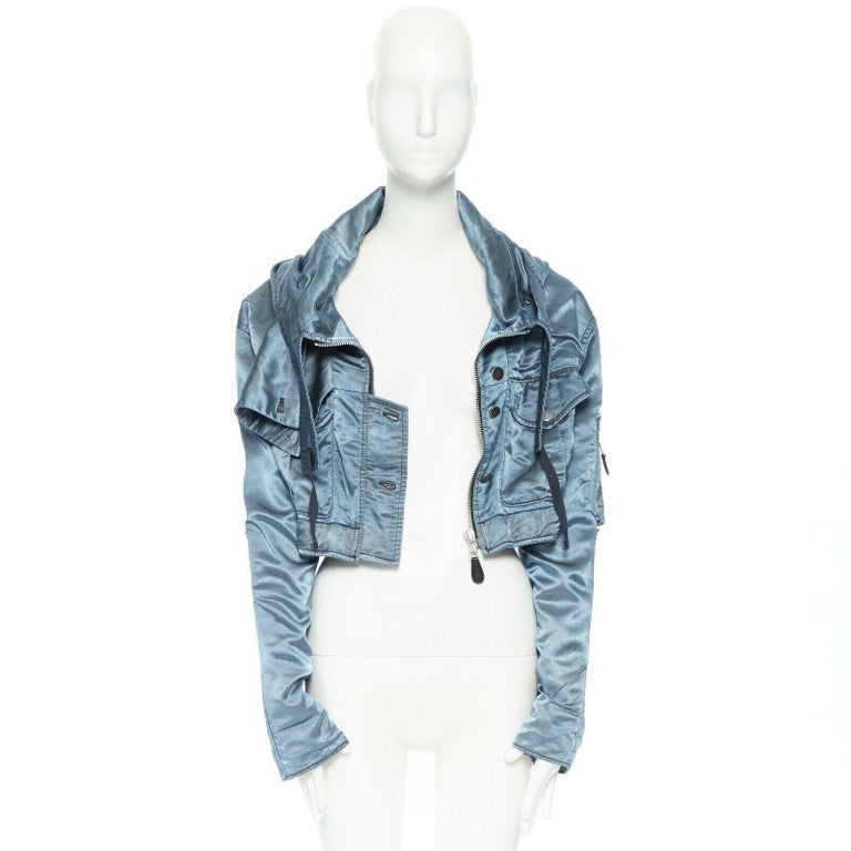 new BALENCIAGA metallic blue hooded cropped utilitarian bomber jacket ...