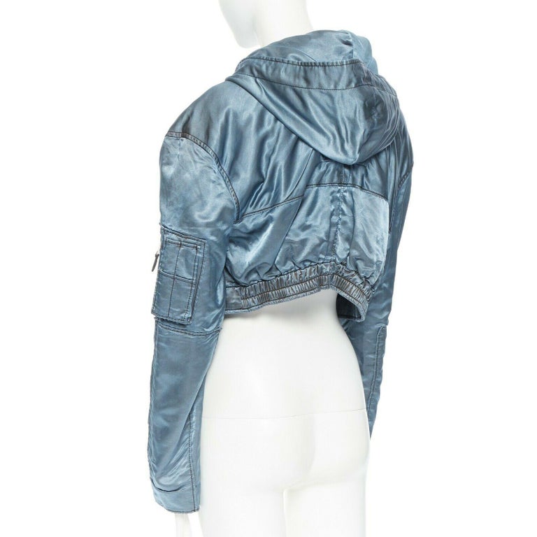 new BALENCIAGA metallic blue hooded cropped utilitarian bomber jacket ...