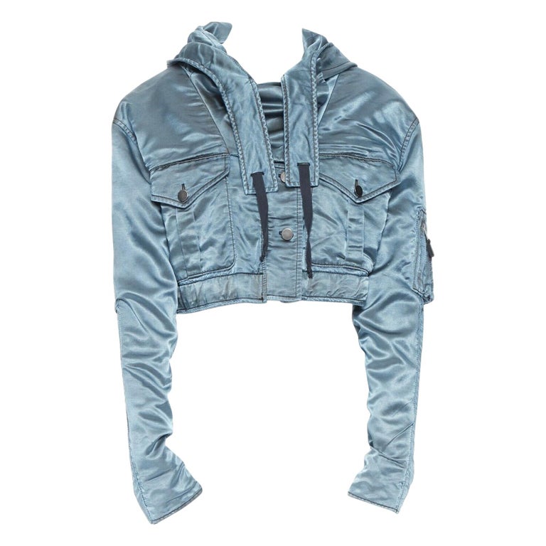 new BALENCIAGA metallic blue hooded cropped utilitarian bomber jacket ...