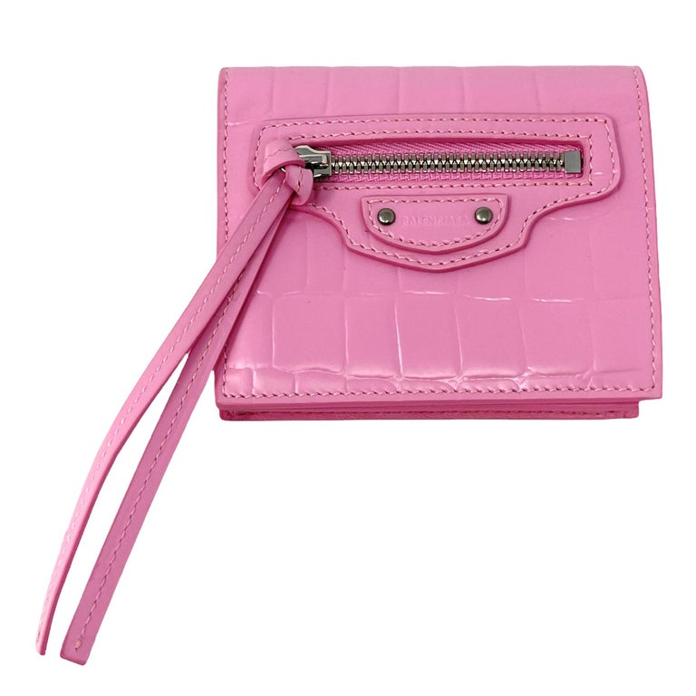 NEW Balenciaga Pink Neo Classic Crocodile Skin Pattern leather Bifold ...