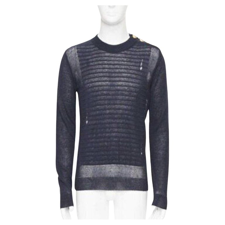 new BALMAIN 100% linen navy stripe gold military button distressed sweater XS For Sale at 1stDibs