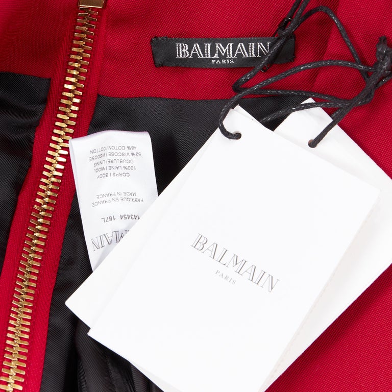 new BALMAIN 100% wool red gold military button shoulder padded mini dress Fr38 at 1stDibs