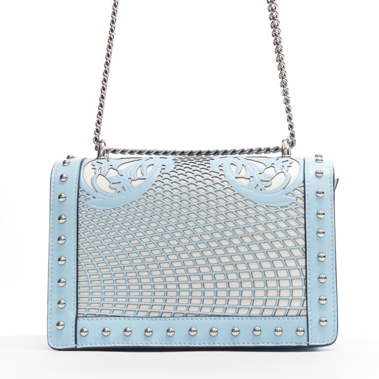 new BALMAIN Bbox 20 blue white baroque laser cut studded flap shoulder ...
